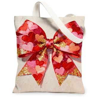 Generic Sacs fourre-tout en toile motif coeur pour la Saint-Valentin, sacs &agrave; provisions r&eacute;utilisables, &eacute;l&eacute;gants, l&eacute;gers et lavables, Rouge, 13x15 Inch
