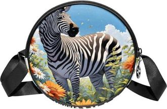 Generic Sac &agrave; bandouli&egrave;re rond pour femme, joli motif z&eacute;br&eacute; avec fermeture &eacute;clair, bretelles r&eacute;glables, sac &agrave; main rond d&eacute;contract&eacute; pour femmes et filles