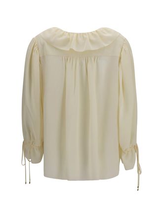 Chlo&eacute; Womens Shirt Ruffled V-Neck Pristine White Silk