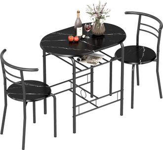 HOMCOM Esstisch und St&uuml;hle Set 3, Fr&uuml;hst&uuml;cksbartisch und 2 St&uuml;hle mit Ablage, Tischplatte in Marmoroptik, Metallgestell, Esszimmerset f&uuml;r Wohnzimmer, Kleiner