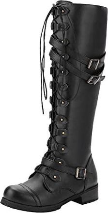 Generic Bottes mi-mollet &agrave; lacets pour femme - Bottes de motard &agrave; talon bas vintage gothique - Bottes de combat imperm&eacute;ables en cuir v&eacute;ritable antid&eacute;rapantes 