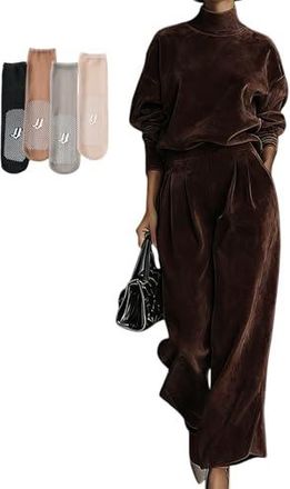 Generic Tenues 2 pi&egrave;ces en velours pour femme - Col haut - Pull &agrave; manches longues - Style d&eacute;contract&eacute; et chaud - Couleur unie - Pantalon large, caf&eacute;, 3XL-5XL