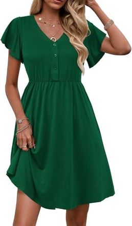 Zeagoo Robe Dété pour Femme Robe à Volants Manches Courtes Élégante Mini Robe Unie Ligne A Robe de Plage Longueur Genou Vert L