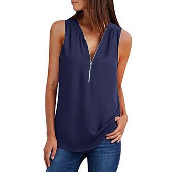 Isshe Debardeur Col V Ample Femme Débardeur Large Top Fluide Zippé Haut Tee Shirt sans Manche Mousseline de Soie Chemise sans Manche Femme Blouse T Shirt Et