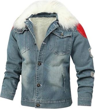Generic Casual Jackets for Men Winter Windbreaker Sherpa Lined Denim Trucker Coat Plus Size Cotton Jean Jacket Outwear Blue And White XX Large