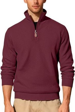 Generic Pull à fermeture éclair 1/4 pour homme, coupe ajustée, en tricot texturé, tissage sergé pour le golf, le travail et les manches longues (bleu marine, 