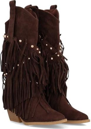 Shoes & Blues Botte de style Western avec tige haute d&eacute;cor&eacute;e avec franges en cascade et clous m&eacute;talliques, pointe fine et talon cubain. Id&eacute;ale pour femme en automne