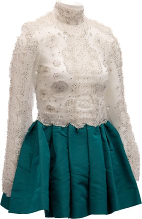 Valentino Garavani Womens White Beaded Lace Mini Dress With Teal Skirt