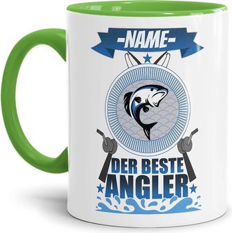 Tassendruck Tasse mit Spruch - Der Beste Angler - personalisierbar mit Wunschname - Geschenk für Angler - Keramiktasse Innen & Henkel Hellgrün, 300 ml