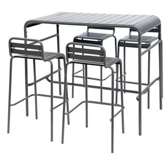 Sweeek Table haute de jardin acier + 4 assises AMELIA anthracite. 4 chaises hautes en acier. 120 x 70cm x 95cm