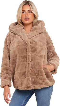 SS7 Womens Faux Fur Coat Taupe White Grey Hood Jacket Size 8 10 12 14