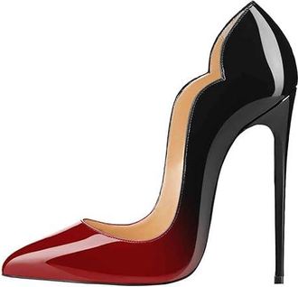 elashe Escarpins Féminins Talon Aiguille 12CM Slip on Pointed Toe en Cuir Verni pour Mariage Soirée & Confiance Professionnelle Rouge Noir EU40