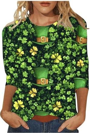 Generic T-shirts pour femme &agrave; manches 3/4 pour la Saint-Patrick - Imprim&eacute; tr&egrave;fle - Tenues de vacances tendance et d&eacute;contract&eacute;es pour la Saint-Patrick, Vert-1,
