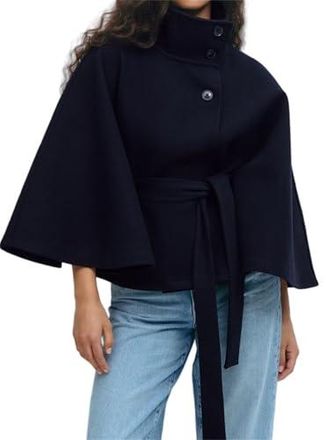 Generic Cinch Cape Jacket Femme &Eacute;l&eacute;gant Ceintur&eacute; Cape Veste Col Montant Chauve-Souris Cinch Capes Manteau Tendance Casual Caban, bleu marine, M