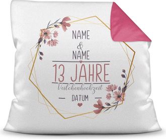 Tassendruck Kissen Hochzeitstag Veilchen Hochzeit - mit Name & Datum selbst gestalten - 13 Jahre Ehe, Geschenk Hochzeit, Jubiläum, Jahrestag - Farbkissen Rückseit