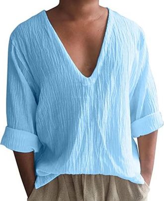 Generic Chemises en lin pour homme - Chemise blanche &agrave; manches courtes pour le Royaume-Uni - T-shirt &agrave; col en V - Coupe ajust&eacute;e - T-shirt surdimensionn&eacute; en co