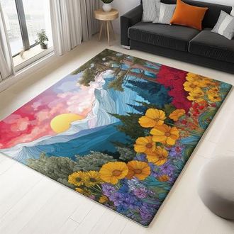 Generic Tapis de Chambre Style Campagnard Couleur, Moquette de Salon à Poils Ras, Fleurs Montagnes Plantes Imprimé Lavable Tapis Intérieur pour Décor de Cuisi