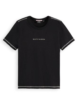 Scotch & Soda Damen T-Shirt Core Flatlock Artwork Regular Fit T-Shirt, Schwarz,L