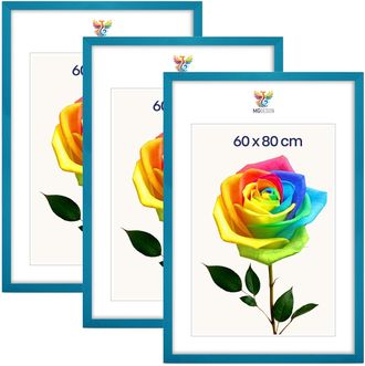 MG Design 3er Set Bilderrahmen 60 x 80 cm - Posterrahmen mit T&uuml;rkis Echtholzrahmen und bruchsicherem Acrylglas, Hoch & Quer mit verst&auml;rkter Wandaufh&auml;ngung