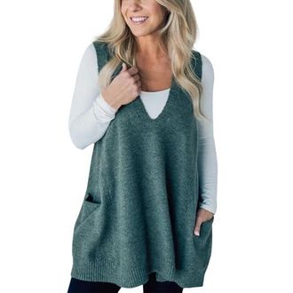 Generic Pull &agrave; poche pour femme sans manches col en V en tricot ample d&eacute;contract&eacute; flatteur haut tunique long gilet en duvet pour femme, Vert, L