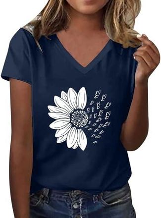 Generic T-shirt pour femme - Col en V - T-shirt d&eacute;t&eacute; &agrave; manches courtes - Haut imprim&eacute; floral - Pour le sport d&eacute;contract&eacute; et les loisirs - Tunique basique - T-