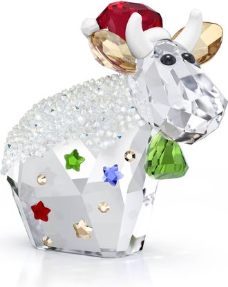Swarovski Mo Festtage Jahresausgabe 2025, Weihnachtliche Kristallfigur, Kuh Mo im Festtagsoutfit mit Strahlenden Bunten Flatback-Kristallen, Gr&ouml;&szlig;e: 4.5 x 2.5 x 