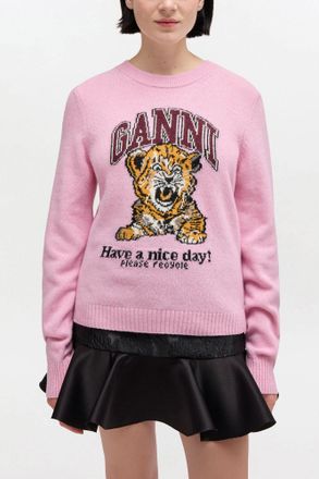 Ganni Pull en laine graphique Rose - Pour Femme