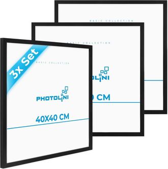 Photolini Bilderrahmen 40x40 Schwarz, 3er Set Bilderrahmen quadratisch 40x40 Holz MDF mit bruchsicherem Acrylglas, Rahmen 40 x 40 zum Aufhängen mit Zubehör - Pi