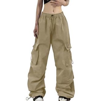 Generic Pantalon cargo baggy Y2K pour femme - Taille haute - Coupe ample - Taille &eacute;lastique - Style d&eacute;contract&eacute; - Streetwear - Taille haute - Randonn&eacute;e - Marc