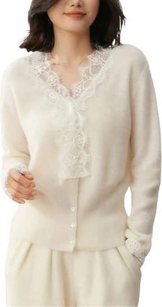 Generic Cardigan ouvert en cachemire tricot&eacute; &agrave; manches courtes et col en V pour femme, blanc, Taille XS