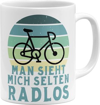 OM3 Fahrrad Tasse mit Spruch - man sieht mich selten Radlos - Keramik Becher - 11oz 325ml - Beidseitig Bedruckt - Weiss