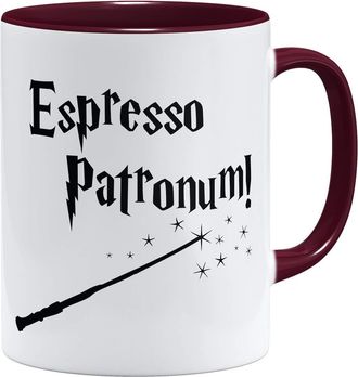 OM3 Espresso Patronum Statement Tasse mit Zauberspruch Zauberstab - Keramik Becher - 11oz 325ml - Beidseitig Bedruckt - Bordeaux