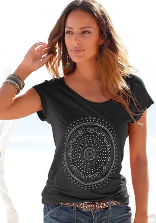 Lascana Strandshirt LASCANA, Damen, Gr. 32/34, schwarz, Jersey, Obermaterial: 100% Viskose, unifarben, figurumspielend h&uuml;ftlang, Rundhals, Shirts, mit Print u