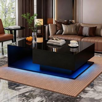 Generic Hochglanz schwarzer Couchtisch 100x50x32 cm mit LED-Beleuchtung, Glasplatte und 1 Schublade, kratzfester moderner Stil