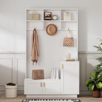 Generic Garderobenset Wei&szlig; Hochglanz 120 cm Breit Flurgarderobe Gro&szlig; Rillenoptik mit Sitzbank & Goldene Haken Kompaktgarderobe Modern Schuhschrank Hall Tree 2