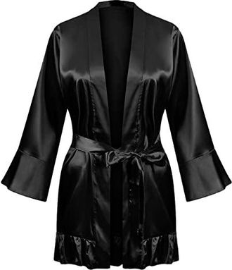 Generic Peignoir en satin pour femme grande taille - Robe de chambre courte en soie - Robe de nuit soyeuse &agrave; manches longues - Robe de nuit en satin &agrave; manches