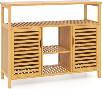 Giantex Badezimmerschrank Bambus, Beistellschrank mit Doppellamellentüren & 4 Ablagen, freistehendes Aufbewahrungsschrank für Wohnzimmer, Eingang, Küche, Essz