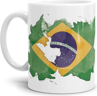 Tassendruck Flaggen-Tasse Brasilien Weiss - Fahne/Länderfarbe/Wasserfarbe/Aquarell/Cup/Tor/Qualität Made in Germany