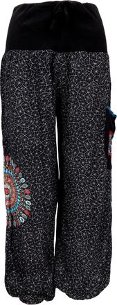 Guru Shop Weite Pluderhose mit Breitem Bund, Mandalastickerei - Schwarz/grau, Damen, Baumwolle, Size:L/XL
