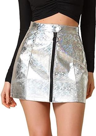 Allegra K Aline Mini Jupe m&eacute;tallique Taille Haute avec Fermeture &eacute;clair sur Le Devant pour Femme, Argent&eacute;., 36