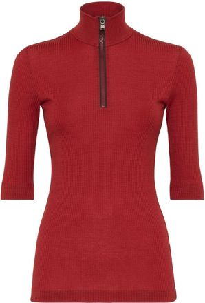 Brunello Cucinelli Geripptes Strick-T-Shirt mit Stehkragen - Rot