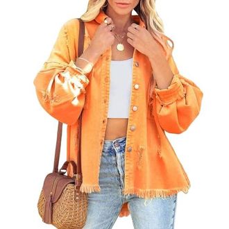 Generic Veste en jean surdimensionn&eacute;e &agrave; franges d&eacute;chir&eacute;es avec ourlet effiloch&eacute; et boutons sur le devant pour femme, Orange, XL