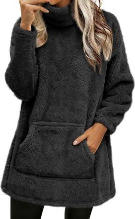 Generic Sweat-shirt en polaire &agrave; col roul&eacute; pour femme - Pull long surdimensionn&eacute; pour femme - &Eacute;pais et chaud - Haut thermique - Doux et moelleux, Noir, M