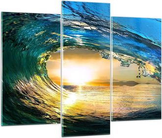 Arttor Mehrteilige Bilder auf Glas 130x100cm Glasbild Ozean Welle Sonne Klima Groß Wanddeko Schlafzimmer Küche Set 3 teilige Wandbilder Dekoration Wohnzimmer