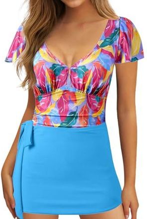 Generic Maillot De Bain Femme 1 Piece Maillot De Bain Femme Costume Respirant S&eacute;chage Rapide 2 Pi&egrave;ces avec Par&eacute;o Int&eacute;gr&eacute; - Col en V, Rembourrage Amovible, Id&eacute;