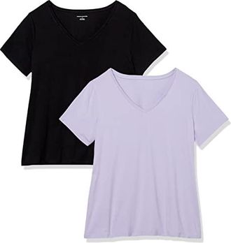 Amazon Essentials T-shirt À Manches Courtes et Col En V, Grande Taille Femme, Lot de 2, Noir/Lavande, XXL Grande taille