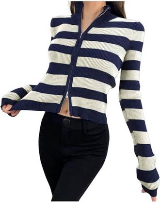 Generic Vestes pour femmes 2026 col montant ray&eacute; double fermeture &eacute;clair pull veste moulante stretch minceur haut, bleu, M