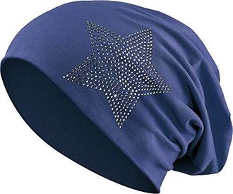 Balinco Jersey Coton élastique Long Slouch Beanie Unisexe Hommes Femmes avec Strass Pierres étoile Casquette Heather en 35 Couleurs différentes (2) (Dark Blue