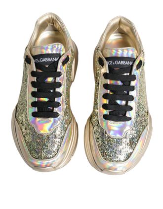 Dolce & Gabbana Mens Gold Sequin Iridiscent Daymaster Sneakers Shoes Polyester Lamb Leather