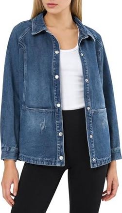 Generic Veste en jean surdimensionn&eacute;e &agrave; manches longues avec poches plaqu&eacute;es pour femme, bleu, 3XL